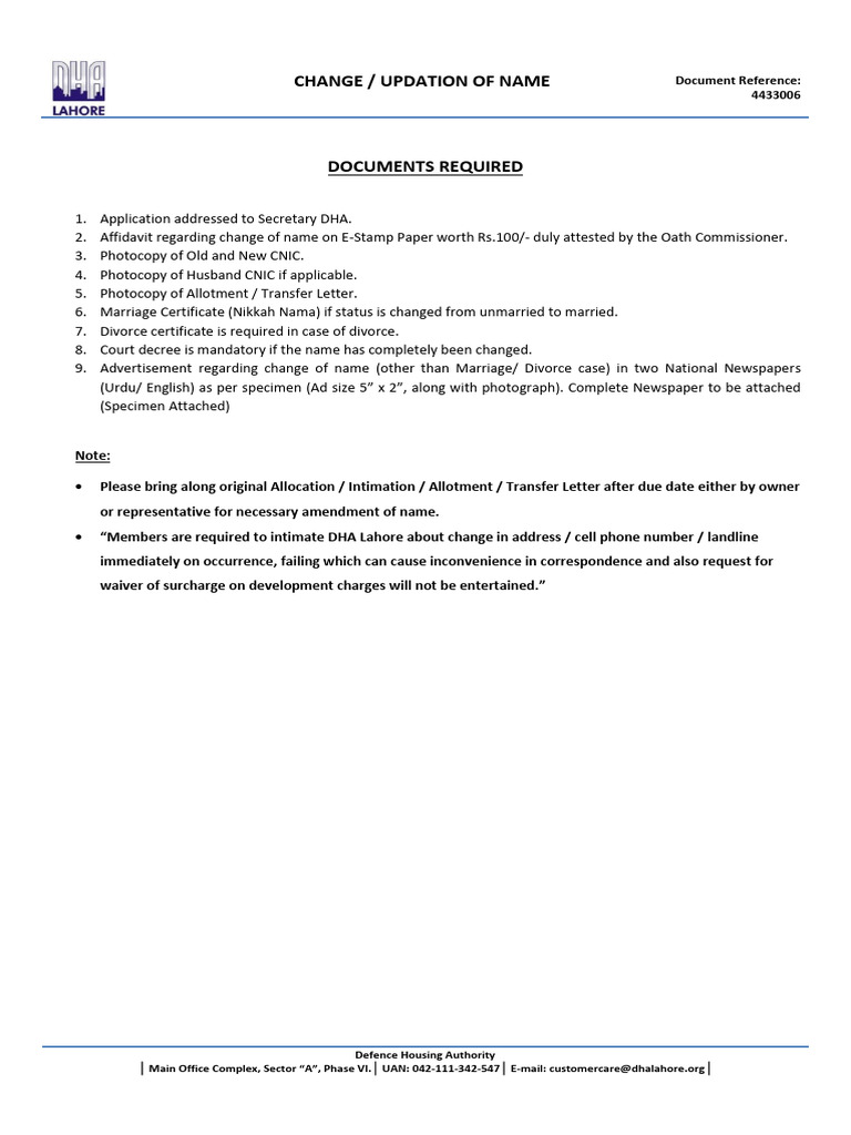 DHA Name Change Procedure Guide | PDF | Affidavit
