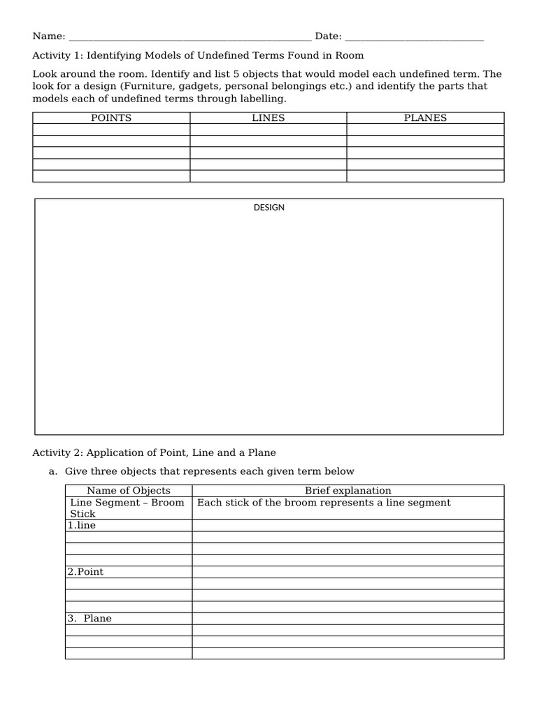 Points, Lines and Planes Worksheet | PDF