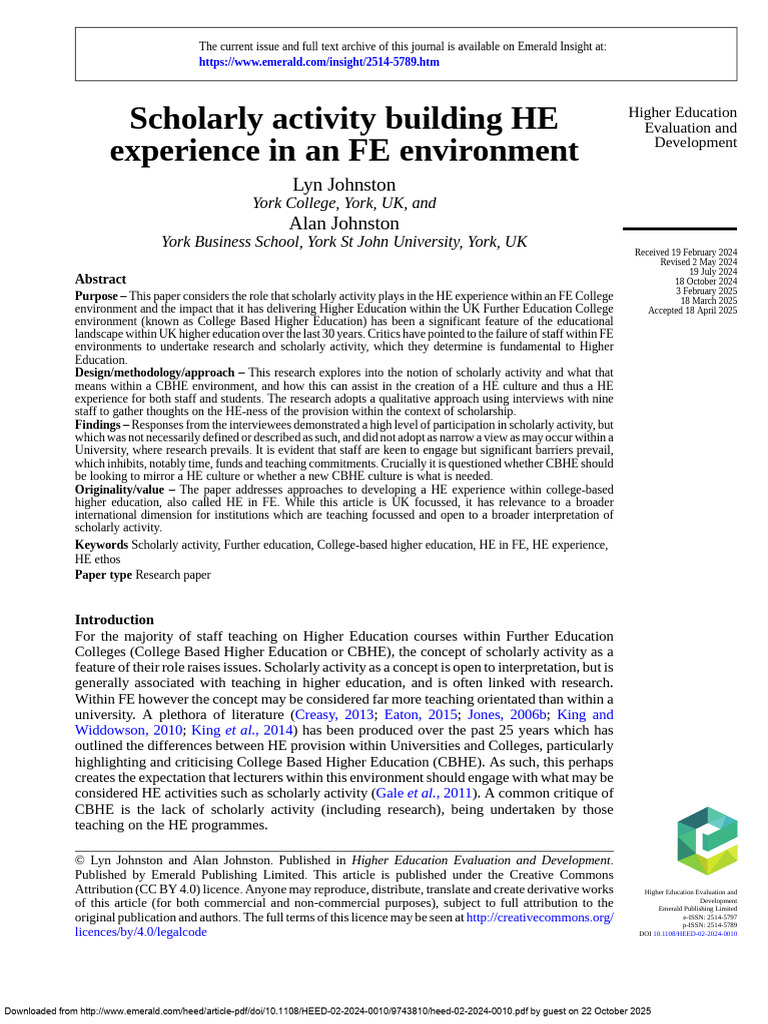 Scholarly Activity Building HE Experience in An FE Environment | PDF ...