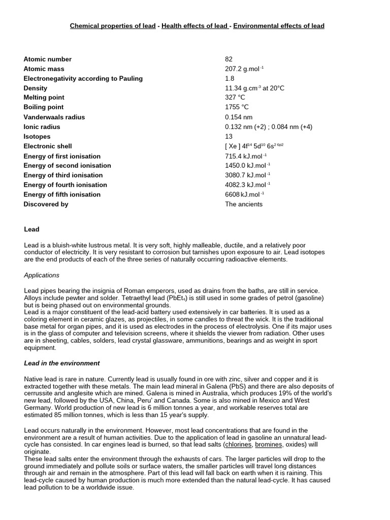 Chemical Properties of Lead | PDF | Lead | Anemia