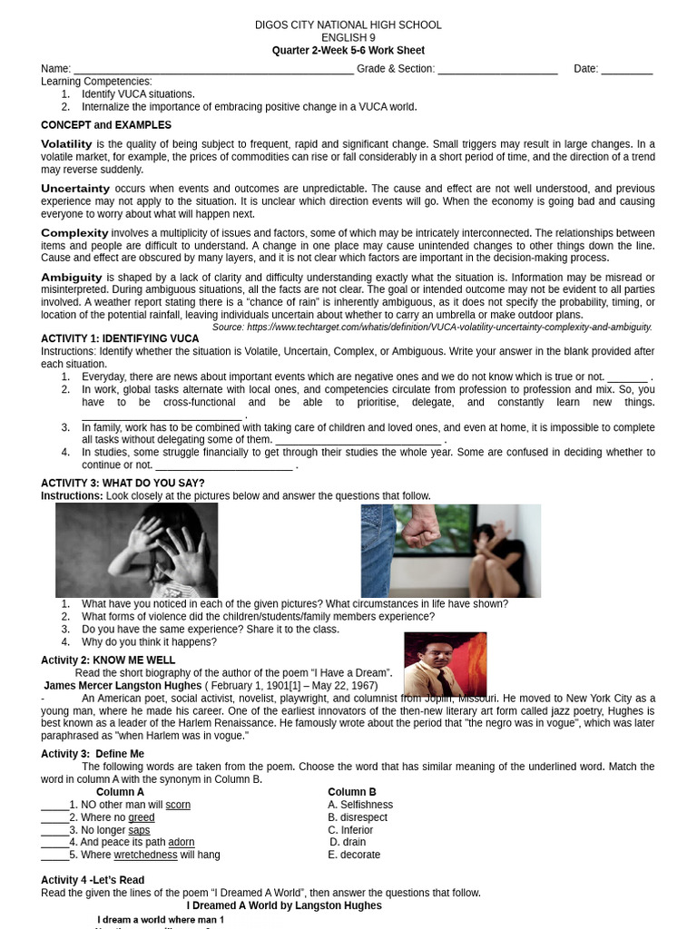 ENGLISH 9 Q2 Week 5 6 Worksheets Identifying VUCA Situations | PDF
