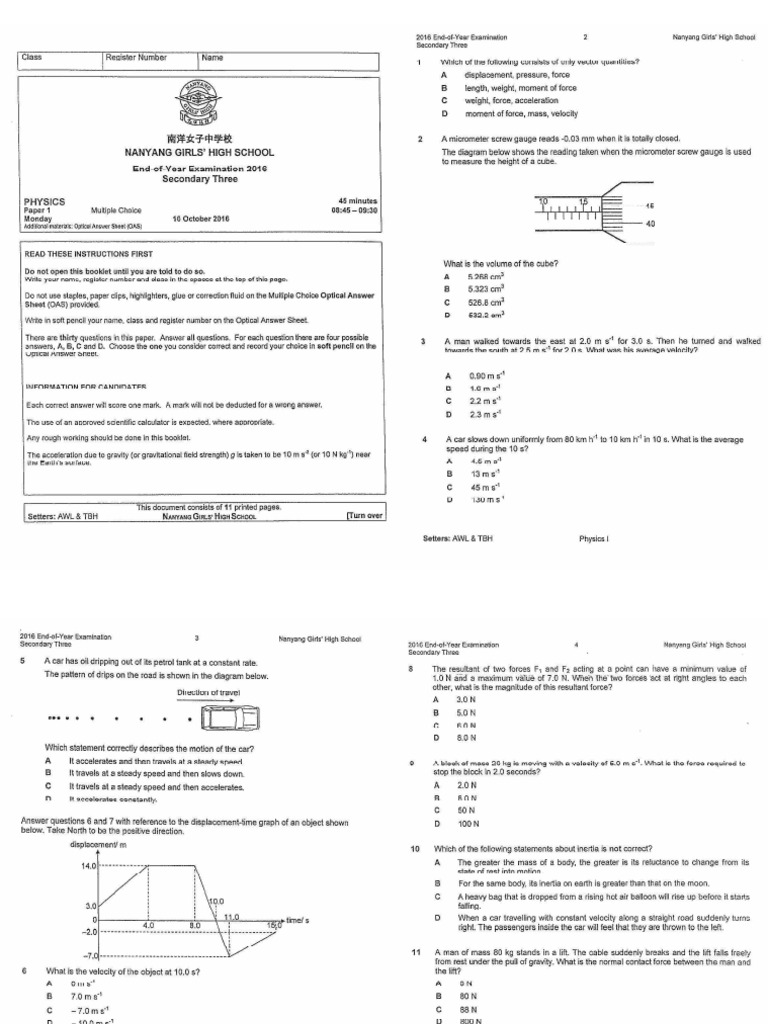 M5. Nanyang Girls High - Physics Sec 3 P1 (No Ans) EOY | PDF