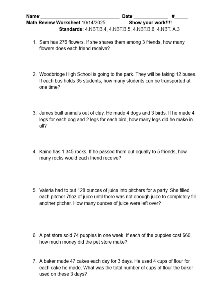 Math Review Worksheet 10 - 14 | PDF