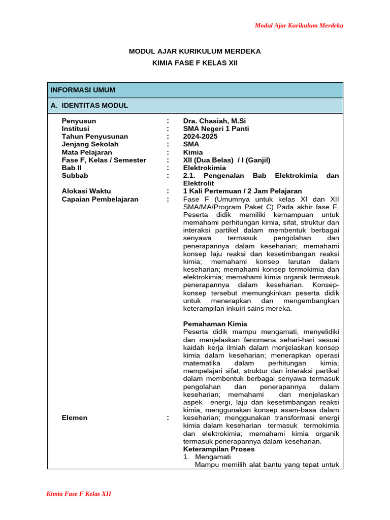 Modul Ajar Sel Elektrokimia Fase F Lanjutan | PDF