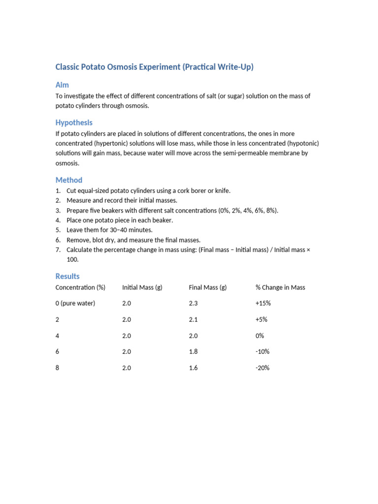 Osmosis in Potato Cylinders Experiment | PDF