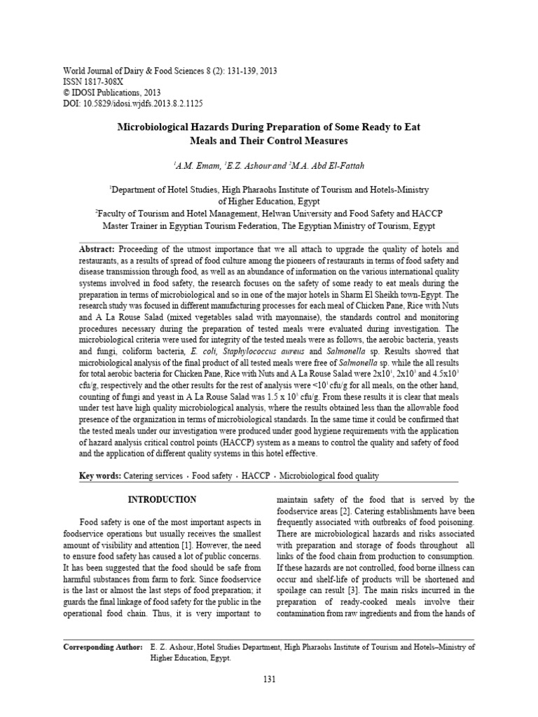 Microbiological Hazards During Preparation of Some Ready To Eat Meals ...