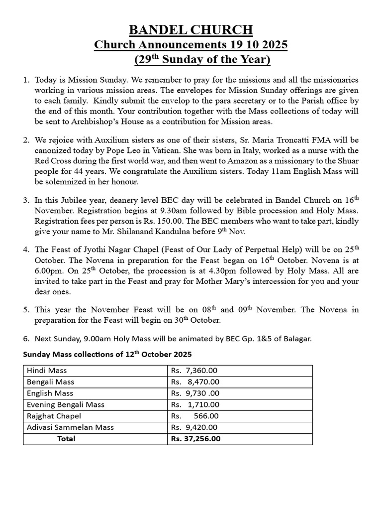 Bandel Church Announcements - Oct 2025 | PDF