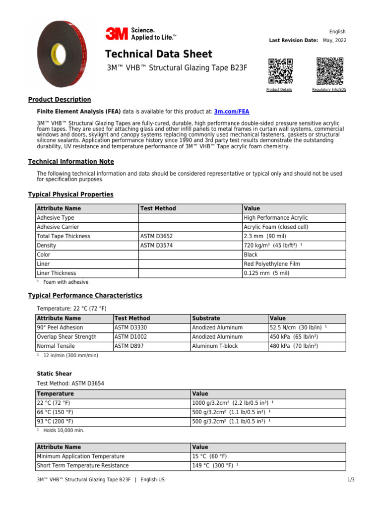 3M VHB Structural Glazing Tape B23F | PDF | Strength Of Materials | Safety