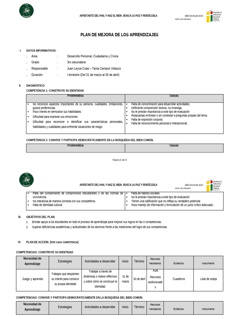 Plan de Mejora DPCC 3° Evaluación Diagnostica 2025 | PDF | Aprendizaje ...