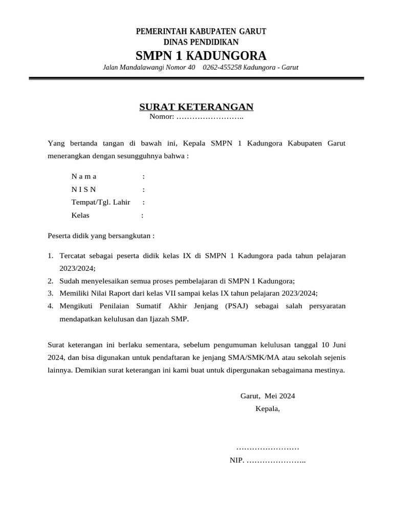 Surat Keterangan Lulus SMP Garut | PDF