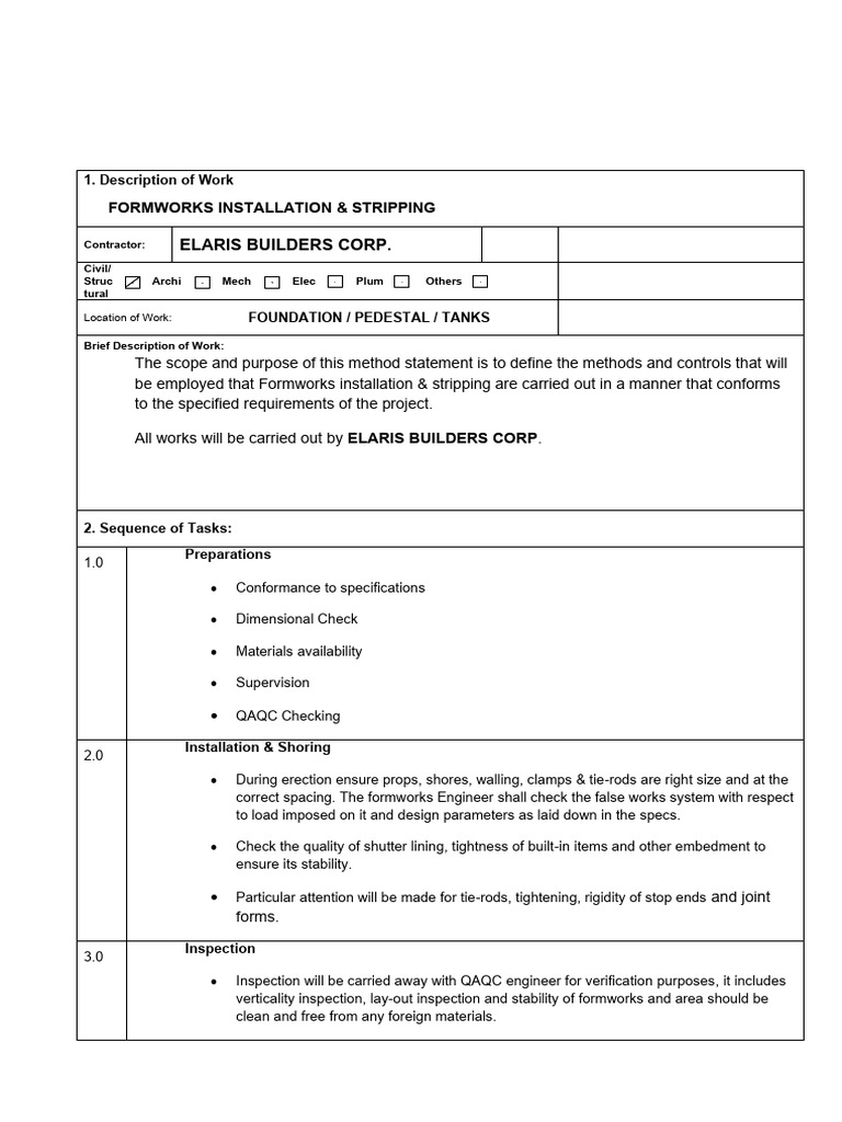 Formworks Installation Method Statement | PDF
