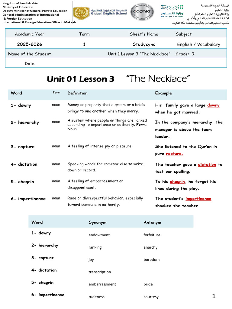 The Necklace U 1 L 3 Vocabulary - G9 | PDF