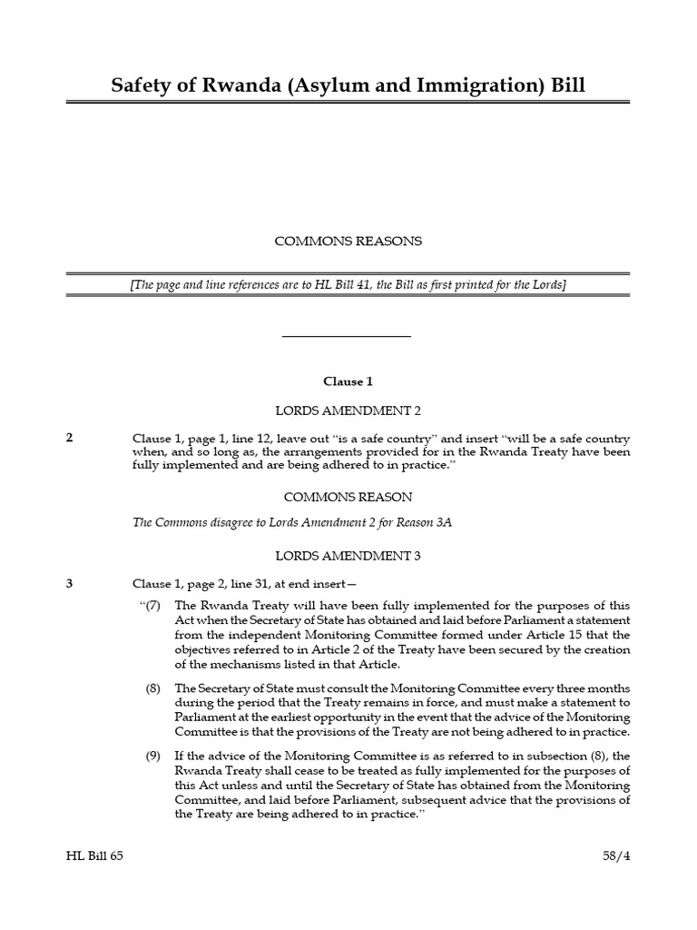 Safety of Rwanda (Asylum and Immigration) Bill: Commons Reasons | PDF ...