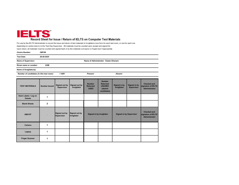 Editable Record Sheet For Issue Return IELTS On Computer Inspera Test ...