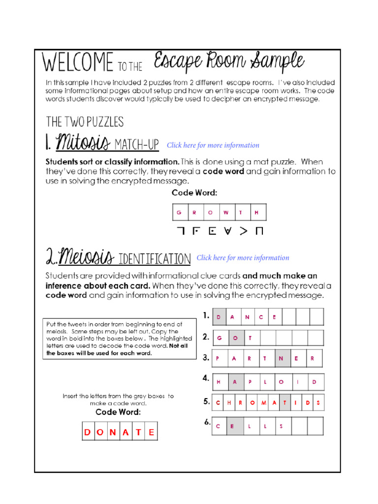 Meiosis and Mitosis Escape Room Activities | PDF
