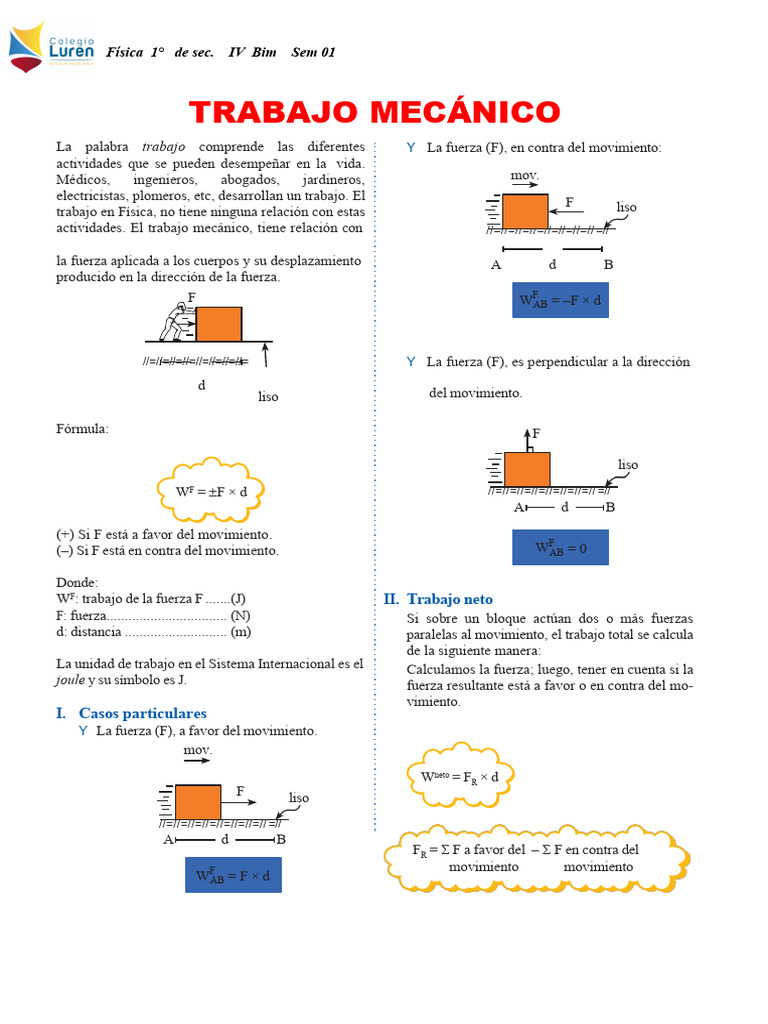 Formulas Del Trabajo Mecánico para Primer Grado de Secundaria | PDF ...