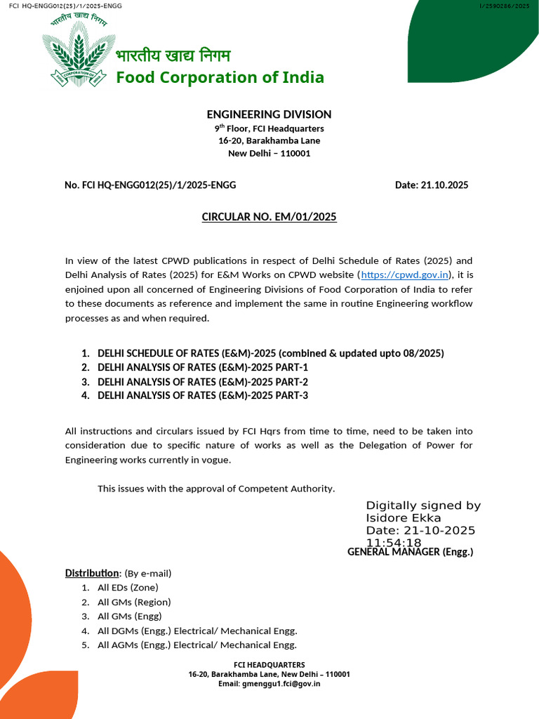 CPWD E&M Rates Circular 2025 | PDF