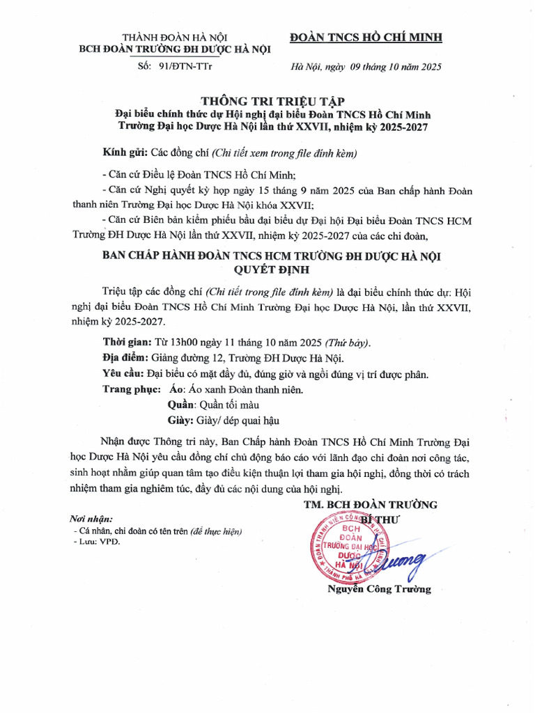 Thông Tri Triệu Tập Các Chi Đoàn | PDF