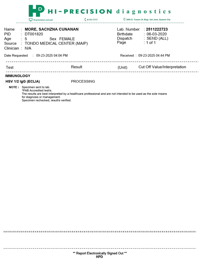 HSV 1/2 IgG Test Report for Patient | PDF