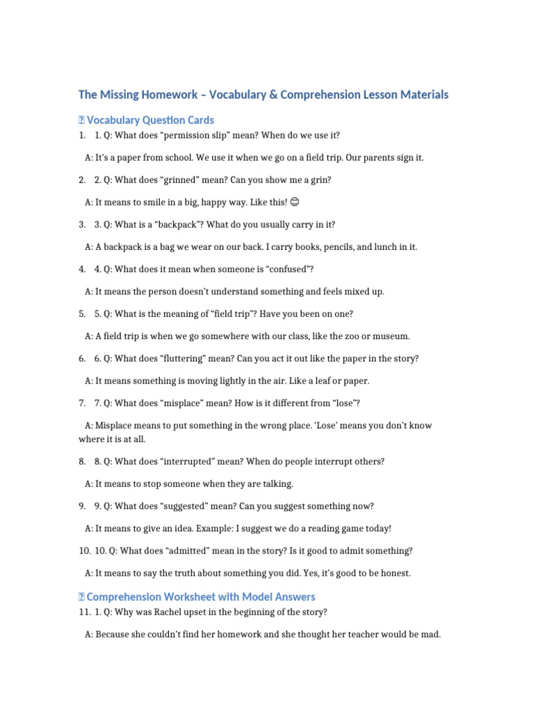 The Missing Homework Lesson Cards and Worksheet | PDF