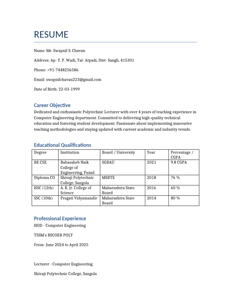 Polytechnic Lecturer Resume of Swapnil Chavan | PDF