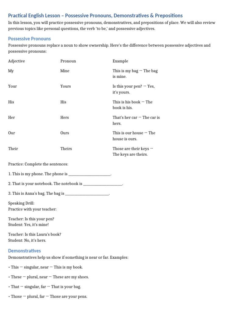 English Possessives Demonstratives Prepositions | PDF | Pronoun ...