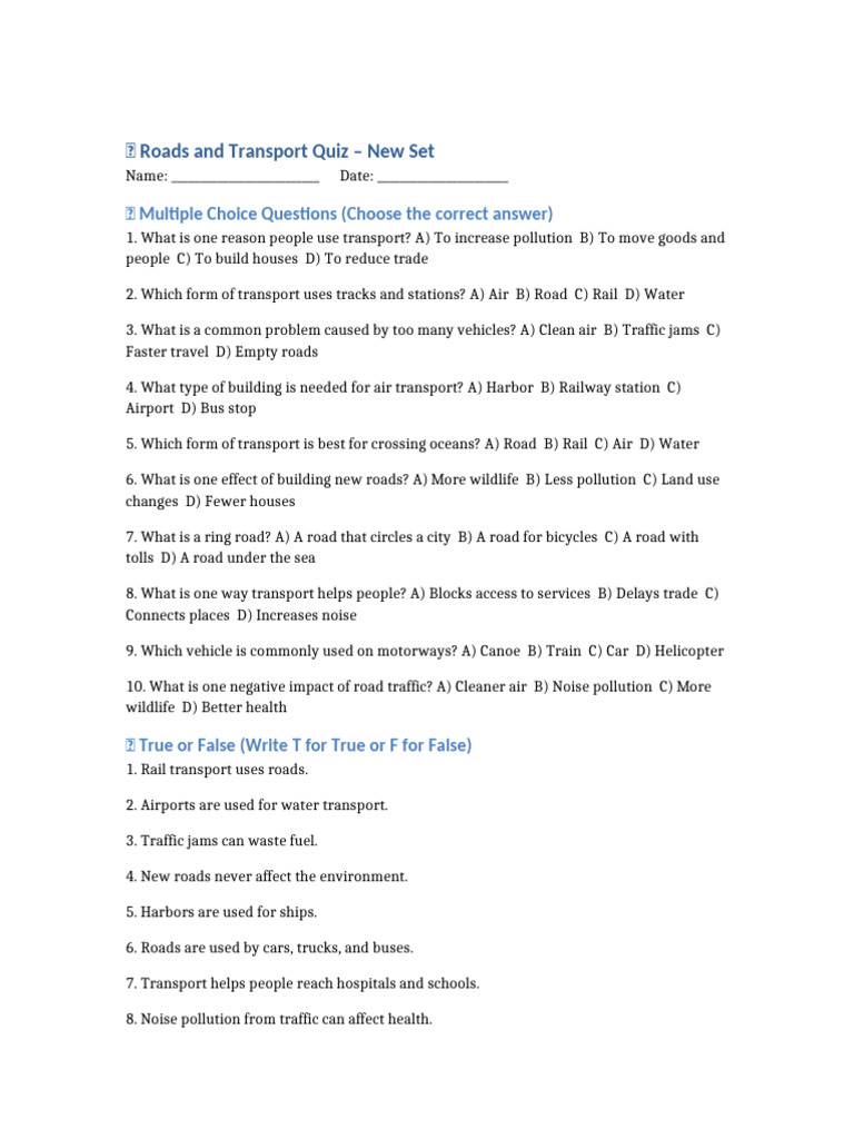 Transport Quiz: Questions & Answers | PDF | Transport | Road