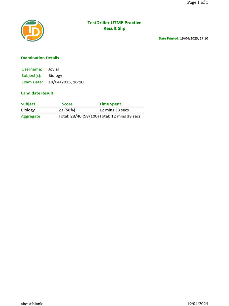 UTME Biology Practice Result Slip | PDF