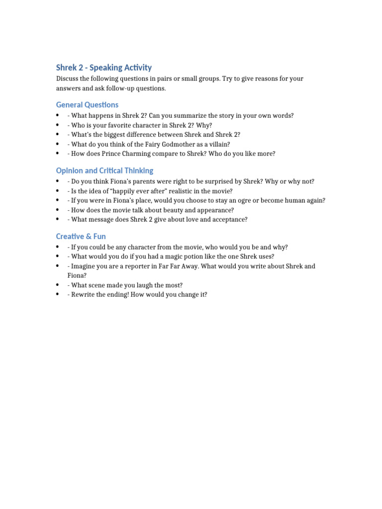 Shrek 2 Discussion Questions Activity | PDF