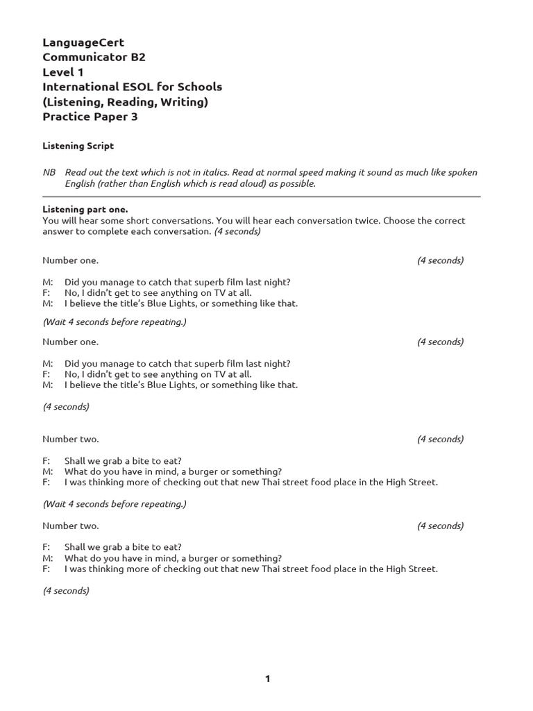 LANGUAGECERT ESOL For Schools B2 Practice Paper 3 Audioscript | PDF