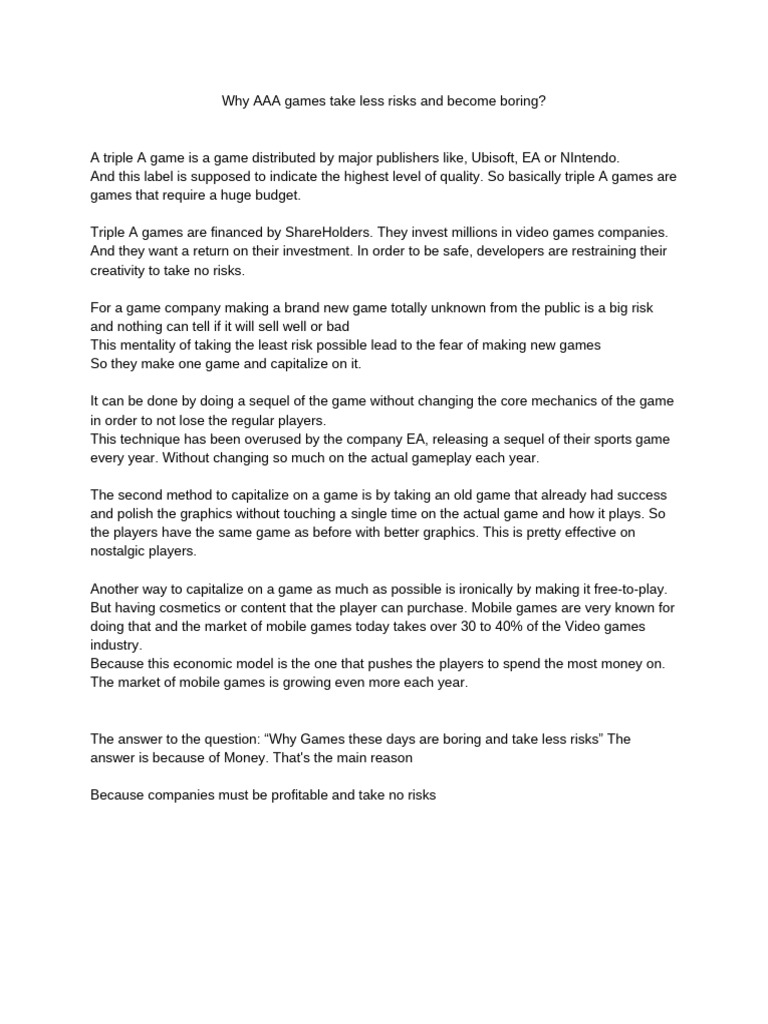 COM-106-01 Why AAA Games Takes Less Risks | PDF