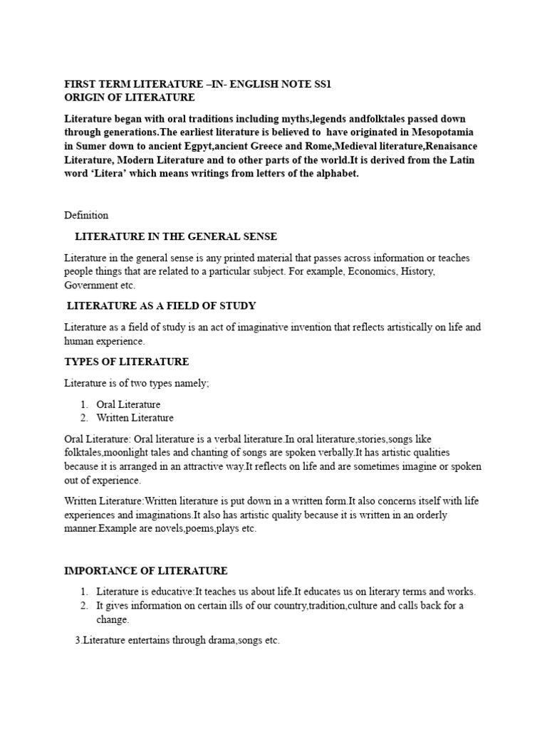 First Term Literature in English Note SS1 | PDF | Play (Theatre)
