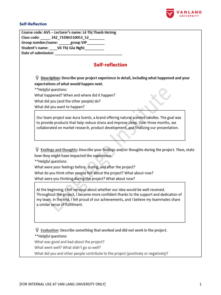 VÕ THỊ GIA NGHI Self-Reflection | PDF | Time Management | Professional Skills