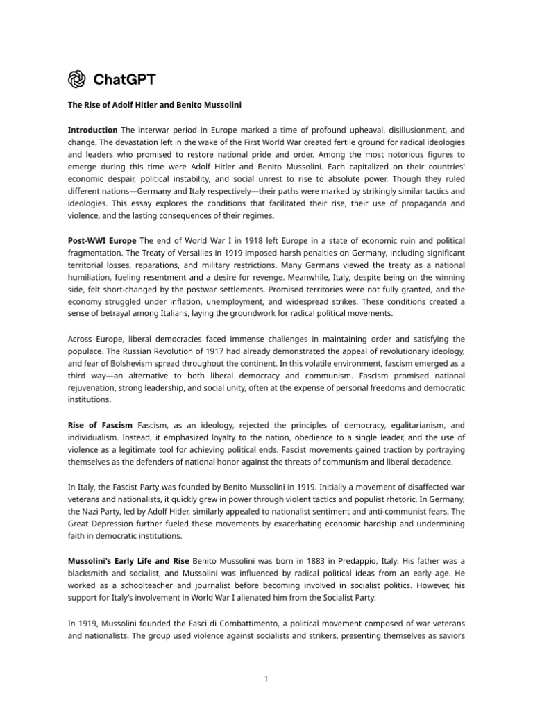 Rise Hitler Mussolini | PDF | Fascism | Benito Mussolini