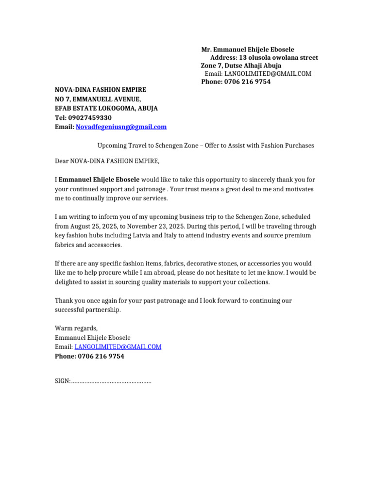 Travel Intent Letter To Nova Fashion House 3 | PDF