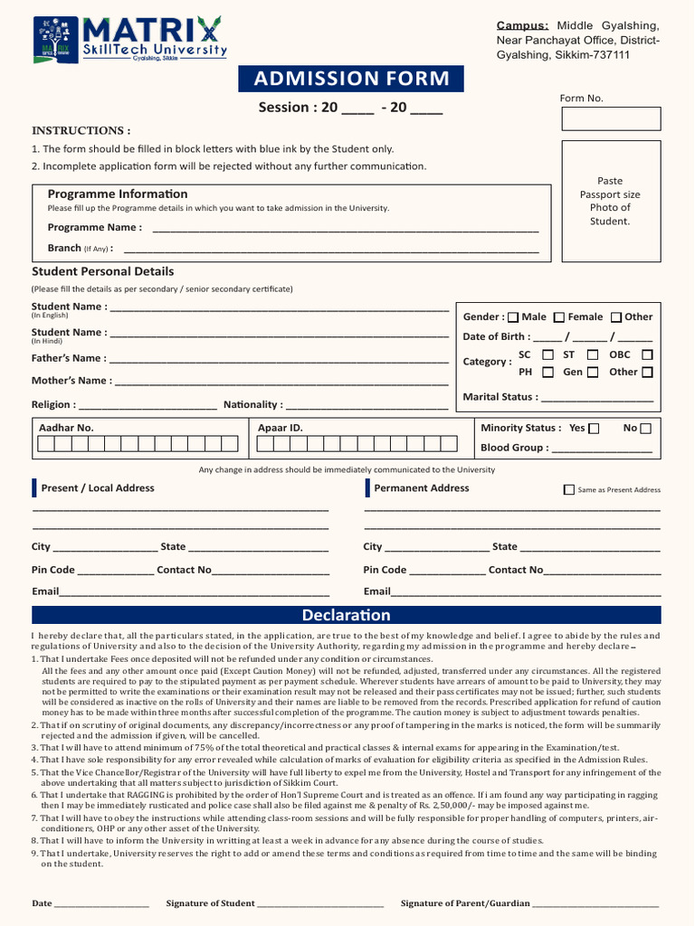 Admission Form for Matrix University | PDF