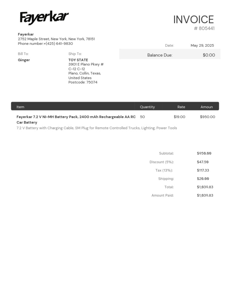 Invoice for Fayerkar Battery Pack Purchase | PDF
