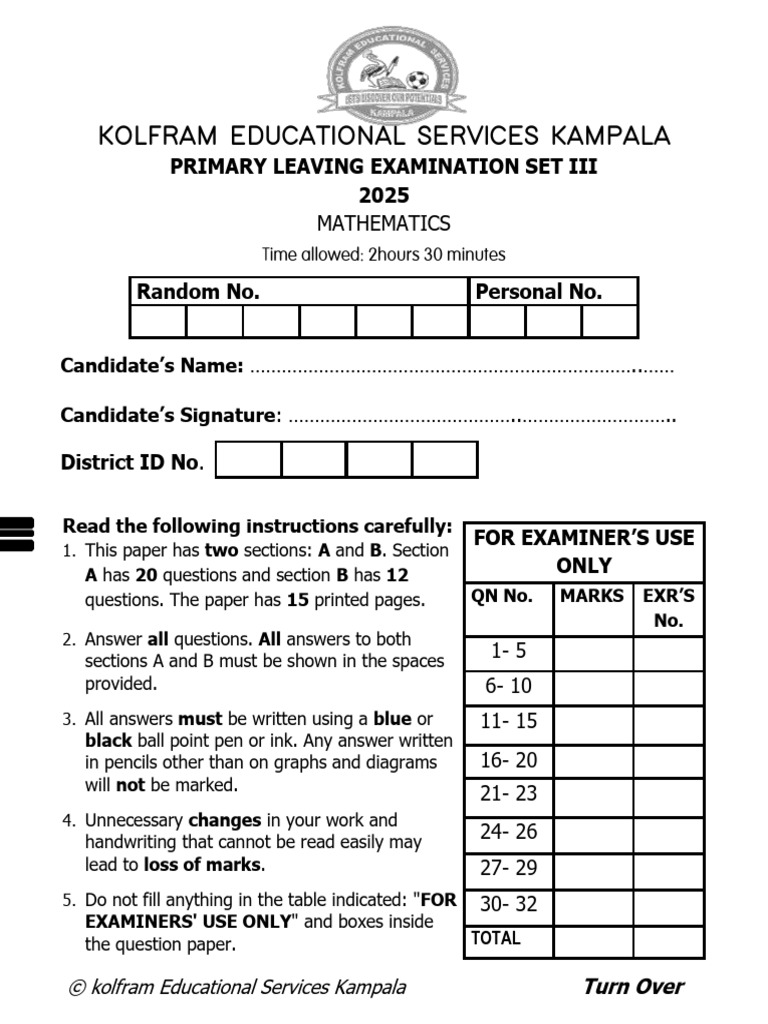 PLE 2025 Mathematics Exam Paper | PDF
