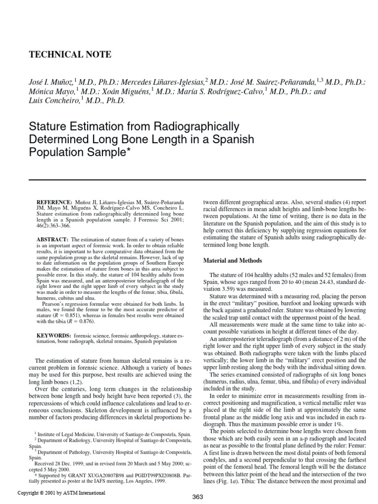 Muñoz (2001) Stature Estimation From Radiographically Determined Long ...