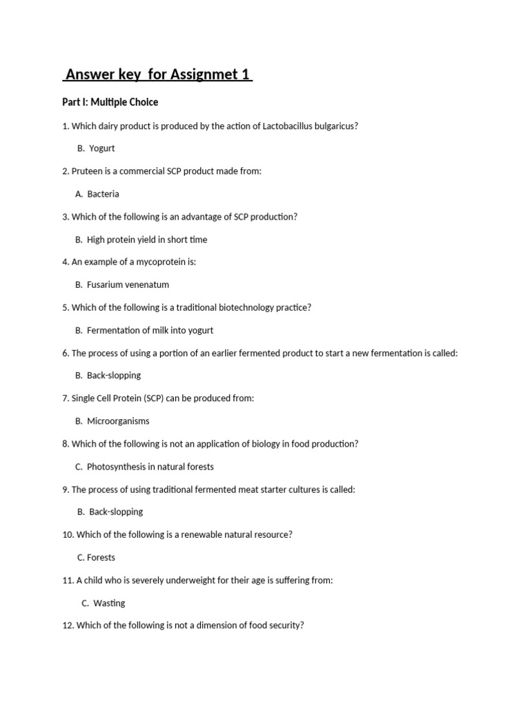 Answer Key For Biology Assignment | PDF | Foods | Nutrition