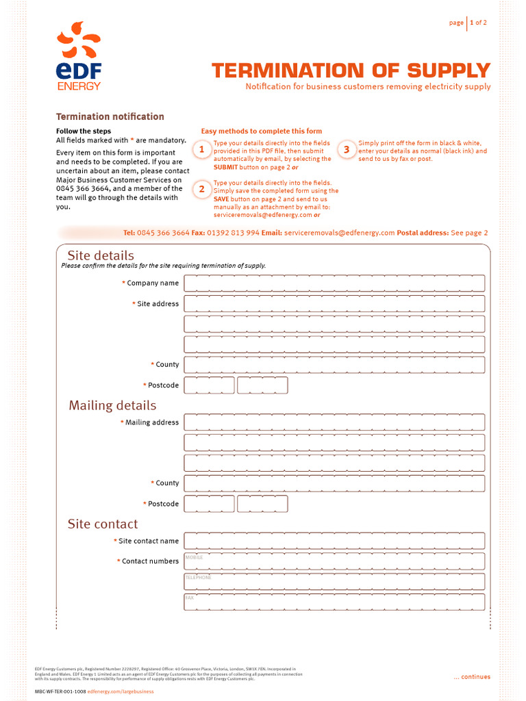 EDF Business Supply Termination Form | PDF | Mail | Electricity