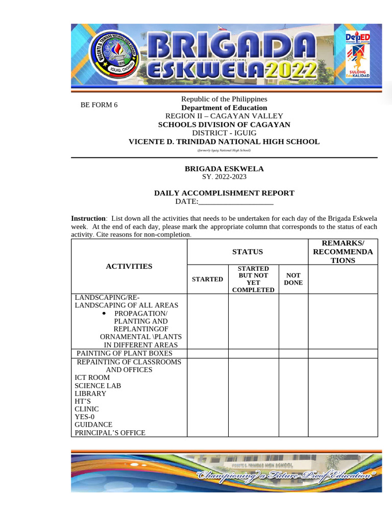 Brigada Eskwela Form 6 Daily Accomplishment Report | PDF