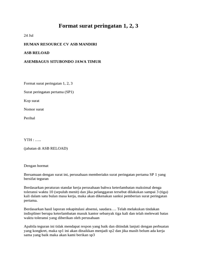Format Surat Peringatan 1 | PDF