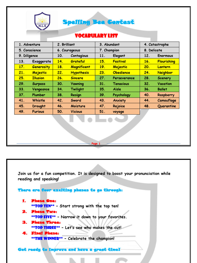 Spelling Bee Vocabulary List and Contest | PDF