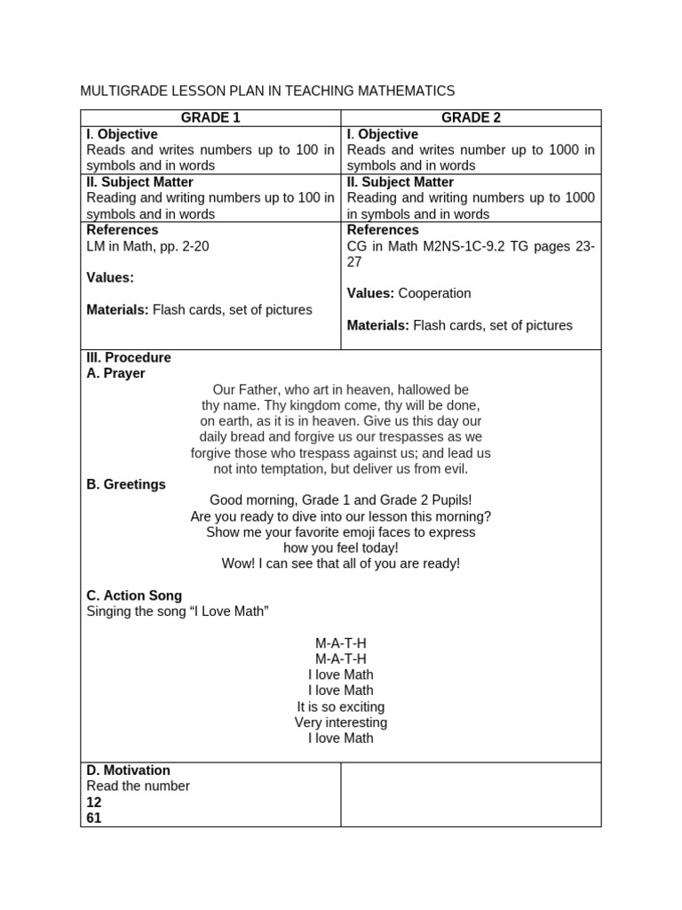 Multigrade Lesson Plan in Teaching Mathematics | PDF