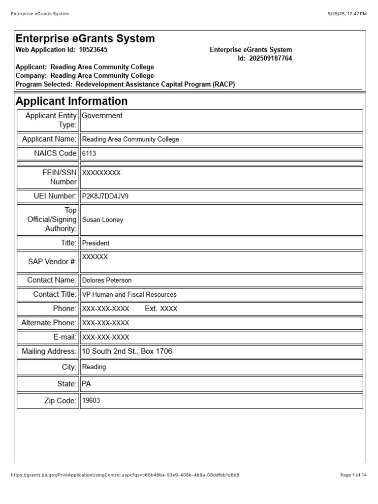 RACP Application for Reading Area College | PDF