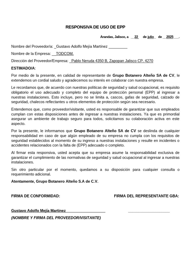 Responsiva de Uso de Epp | PDF