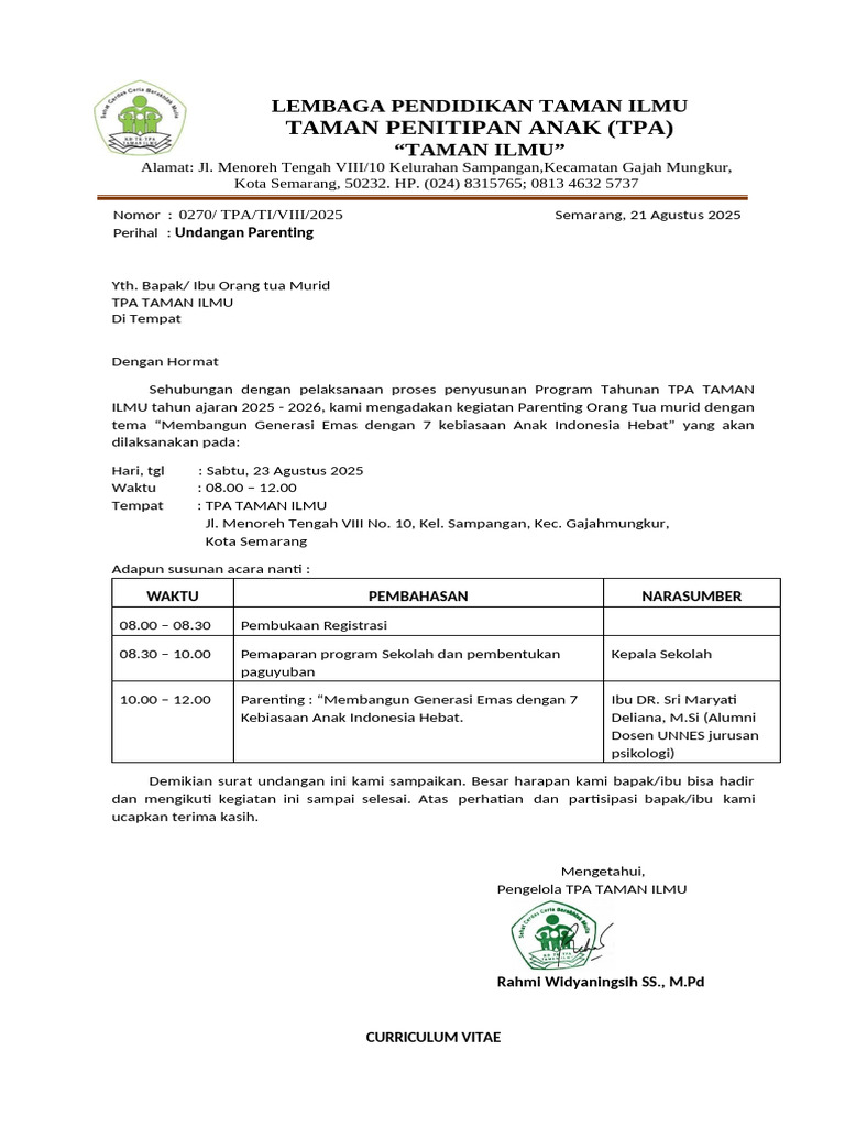 Undangan Parenting Dan Rapat Ortu 2025 | PDF