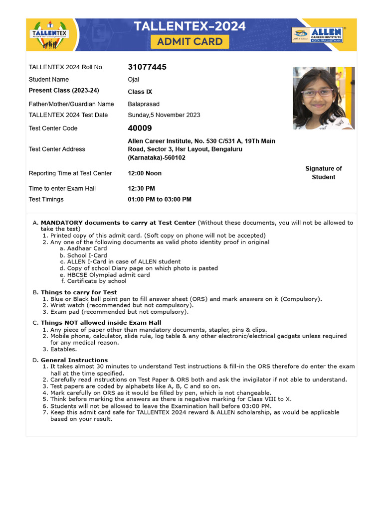 TALLENTEX 2024 Exam Details and Instructions | PDF
