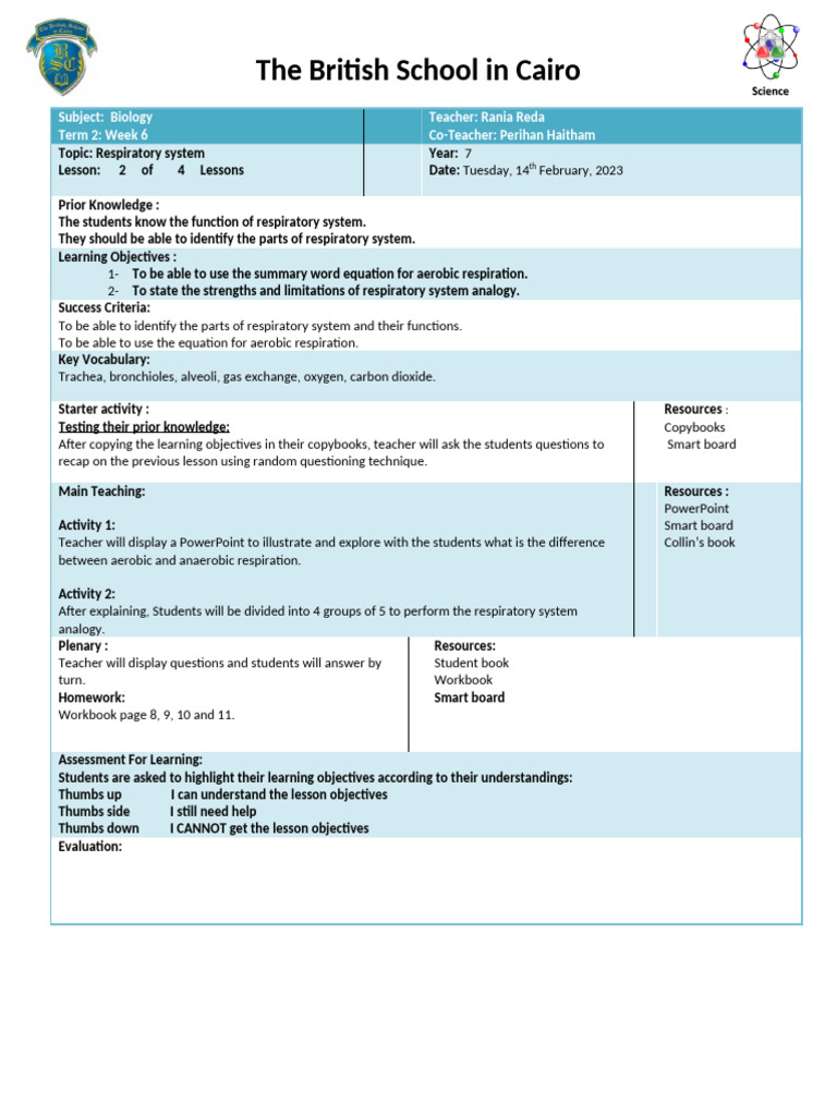 Respiratory System Lesson Plan L2 (T2 Week 6) | PDF | Respiratory System | Respiration